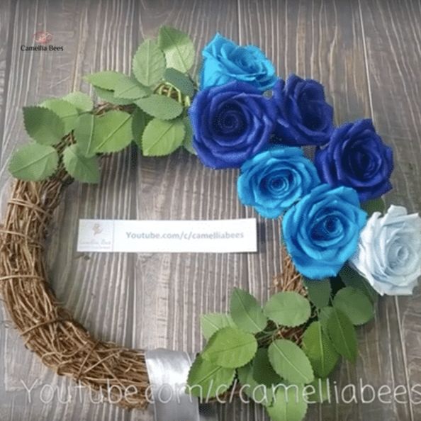 How To Make Paper Flower Wreath-Blue Paper Rose Wreath